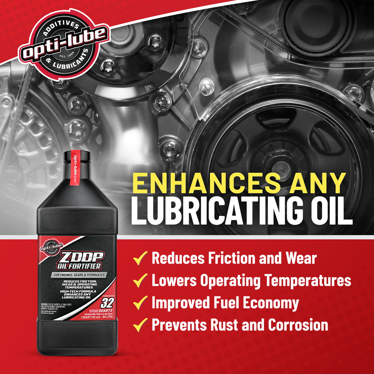 OPTI-LUBE ZDDP OIL FORTIFIER - Quart (32oz), Treats Up To 32 Quarts Of Oil